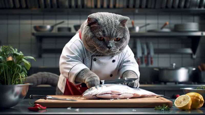 Cute Fat Cat Skillfully Cuts Fish in a Cozy Kitchen Setting with Herbs ...