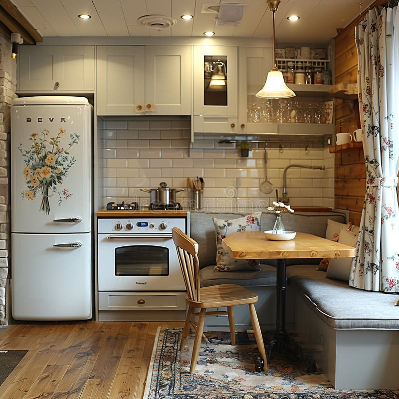 Charming Kitchen Nook with Vintage Appliances Stock Illustration ...