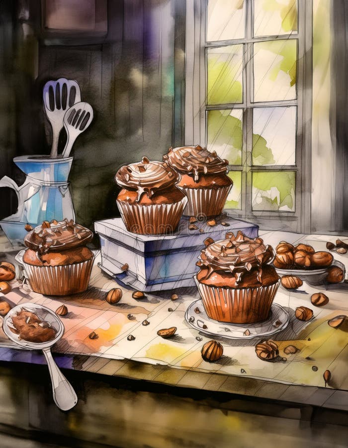 A Charming Kitchen Scene Featuring Chocolate Cupcakes, a Classic Coffee ...