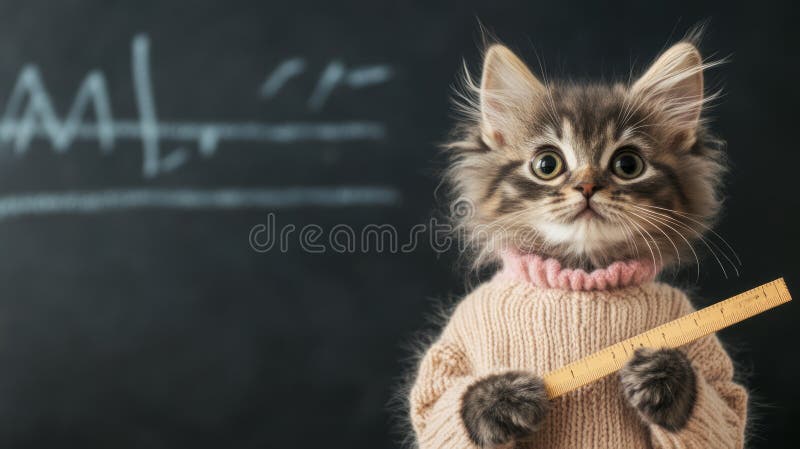 Adorable Cat Wearing Sweater Holding Ruler in Classroom Setting with ...