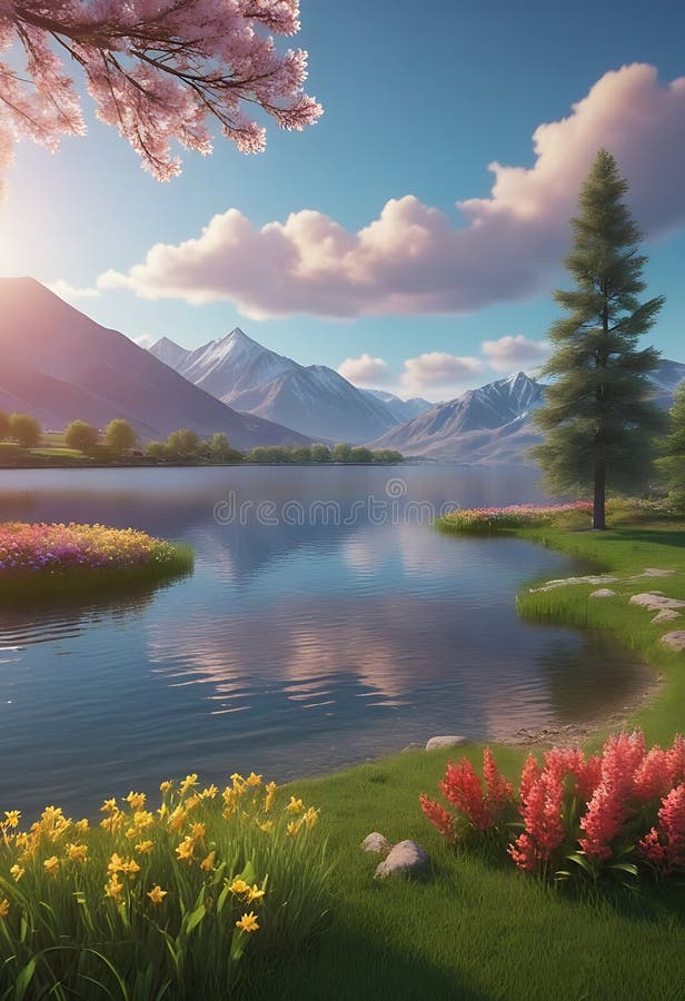 Charming Landscape Featuring a Tranquil Lake Bordered by Colorful ...