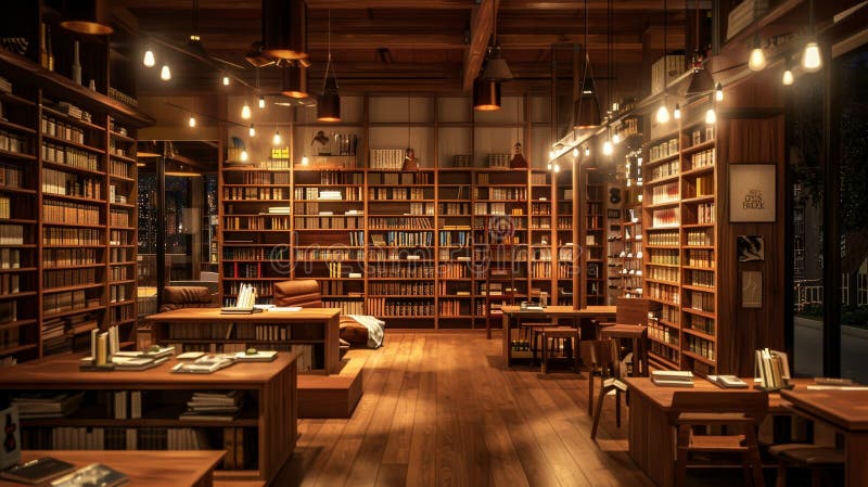 Charming Library Interior with Wooden Shelves, Soft Lighting, and ...