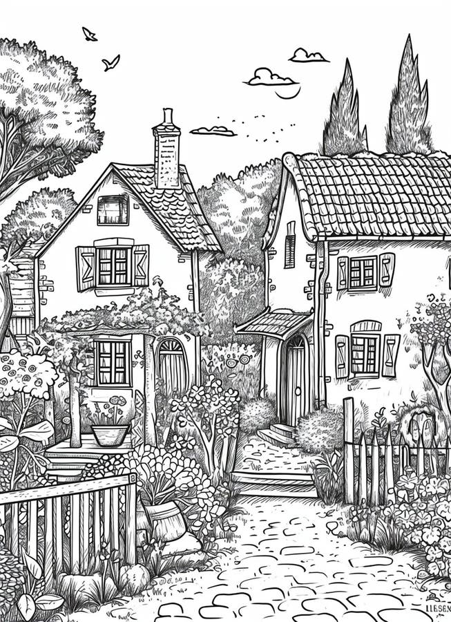Charming Line Art of Two Cottages with a Vibrant Garden Scene. Stock ...