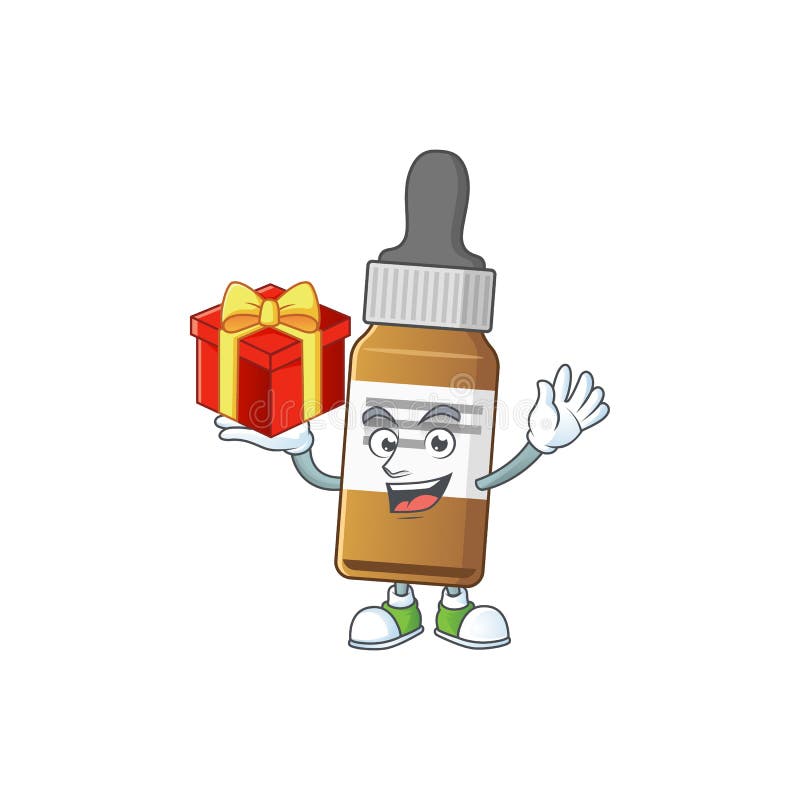 Charming Liquid Bottle Mascot Design Has a Red Box of Gift Stock Vector ...