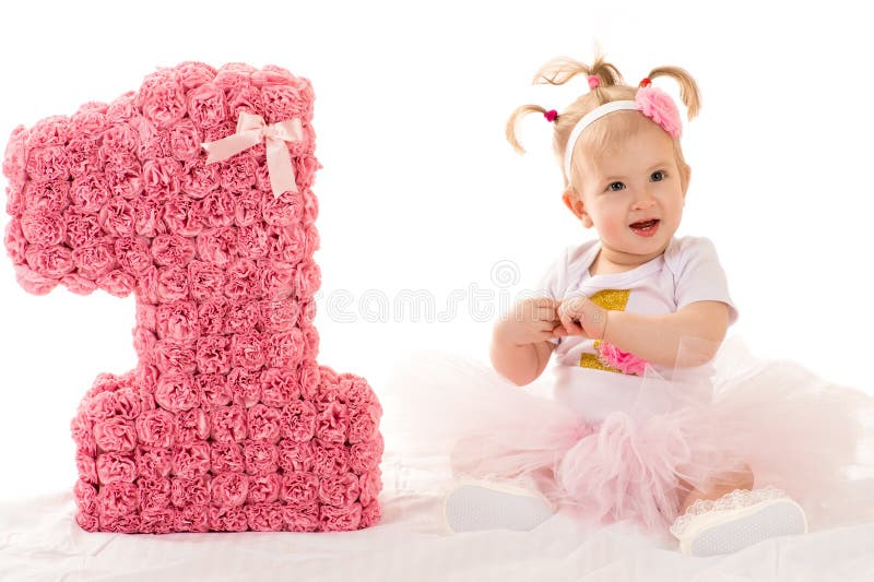 Charming Little Girl With The Number One Stock Image - Image of flowers ...