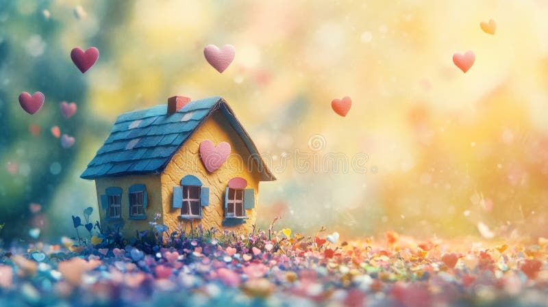 Charming Little House Surrounded by Hearts in a Magical Garden Stock ...