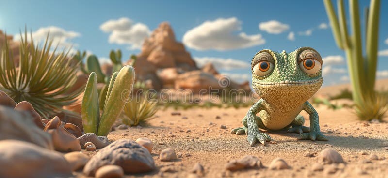 Charming Lizard in Desert Landscape with Cacti and Rocky Formations ...