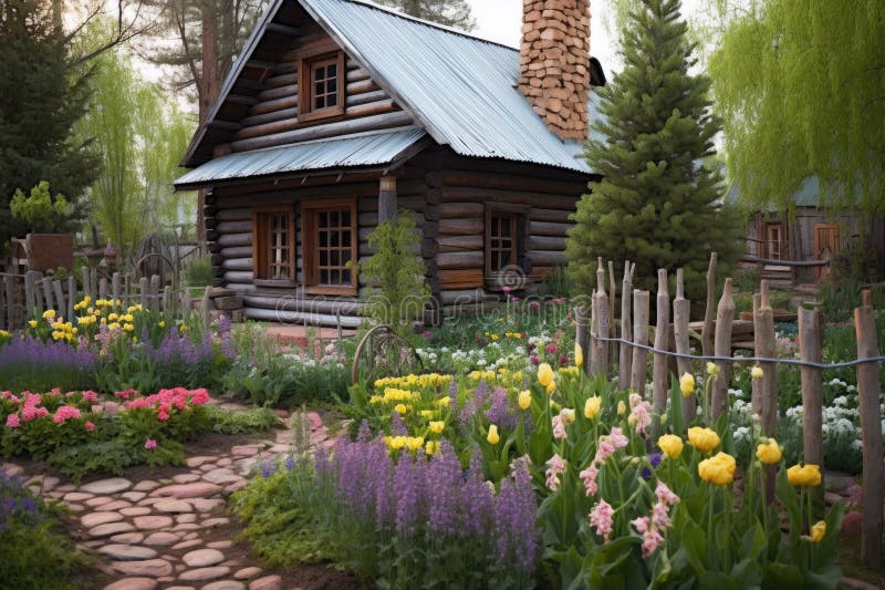 Charming Log Cabin with Flower Garden in Spring Stock Illustration ...