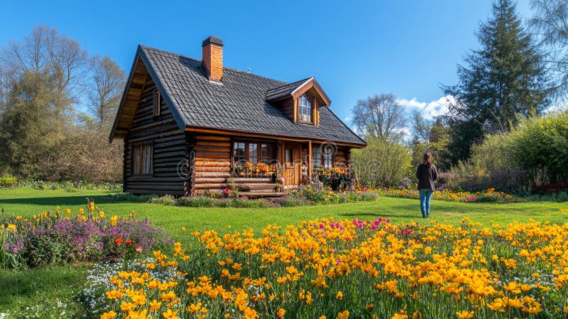 Charming Log Cabin Home Amidst Spring Flowers Stock Illustration ...