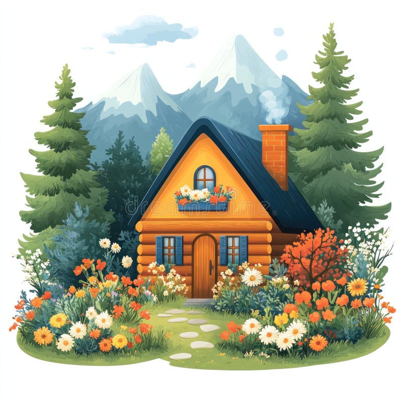 Charming Cottage Illustration Mountain View Flowers Stock Photos - Free ...