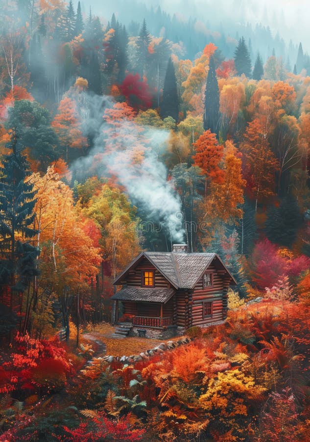 A Charming Log Cabin Nestled Amidst Colorful Trees Stock Photo - Image ...