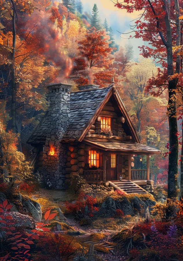 A Charming Log Cabin Nestled Amidst Colorful Trees Stock Photo - Image ...