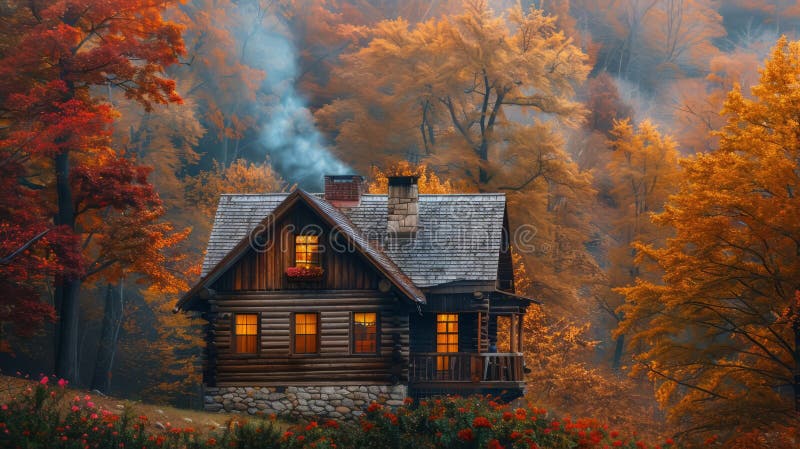 A Charming Log Cabin Nestled Amidst Colorful Trees Stock Photo - Image ...