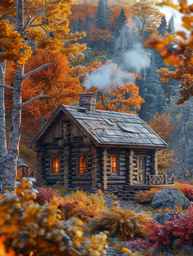 A Charming Log Cabin Nestled Amidst Colorful Trees Stock Photo - Image ...