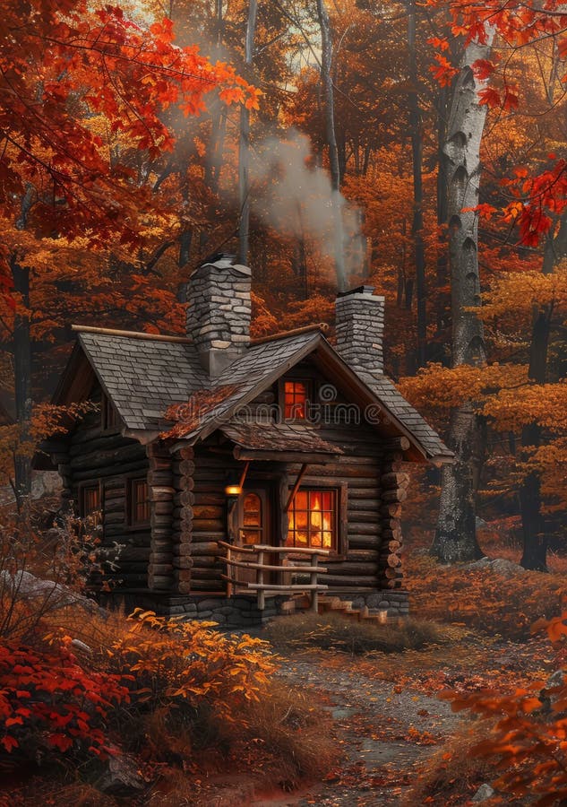 A Charming Log Cabin Nestled Amidst Colorful Trees Stock Image - Image ...