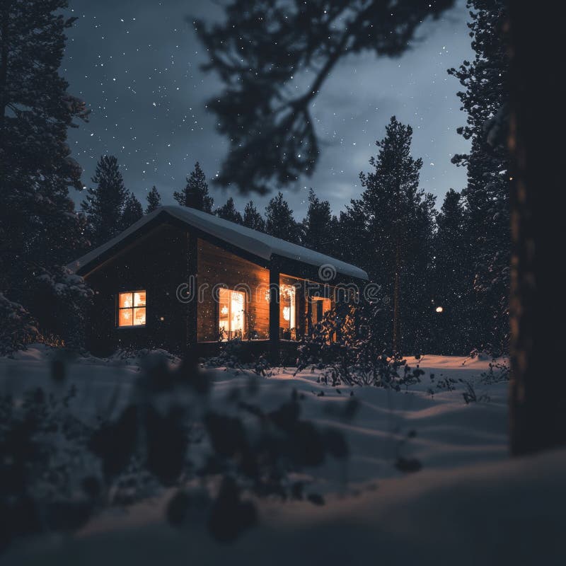 A Charming Log Cabin Shines Brightly in a Snowy Forest on a Winter ...