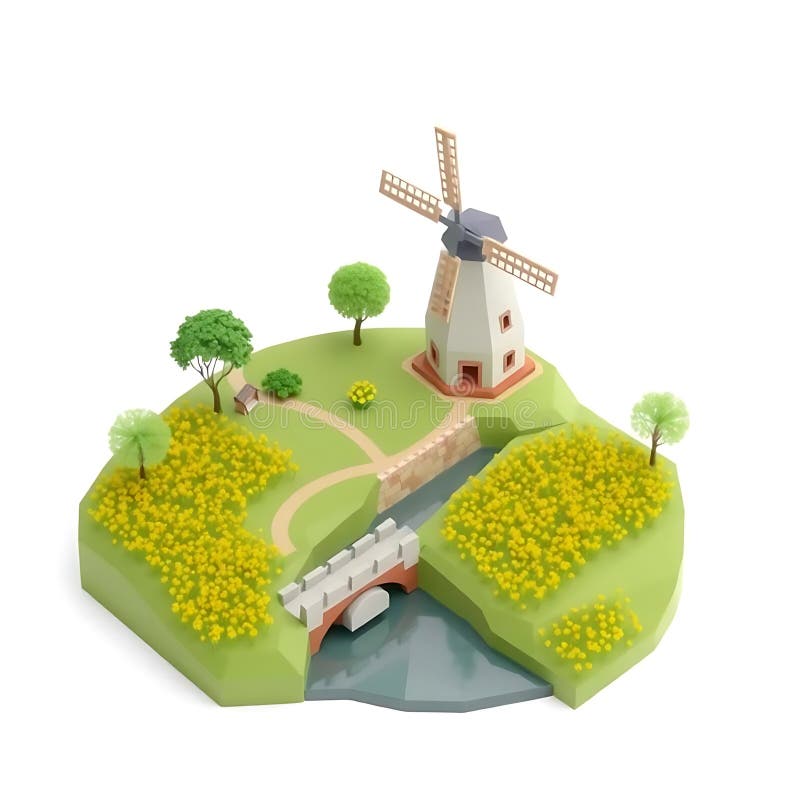 Charming Low Poly Windmill Island with Bridge and Yellow Flowers Stock ...
