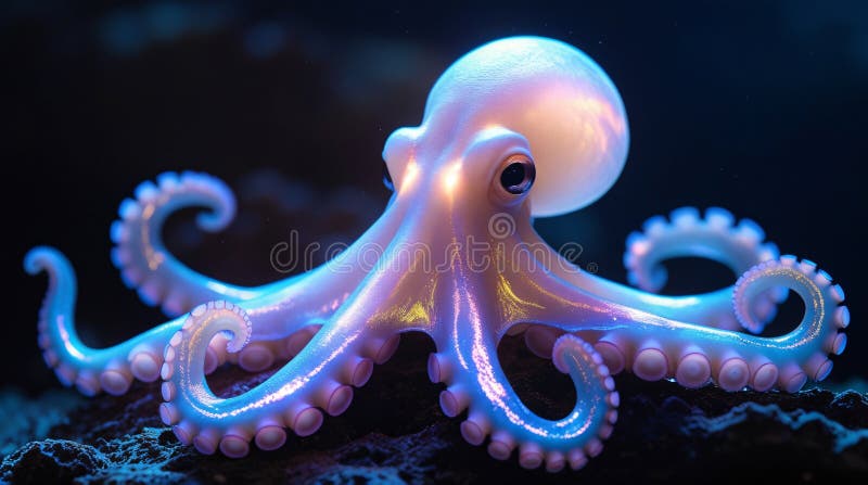 Charmingly Luminescent Octopus with Vibrant Tentacles in an Underwater ...