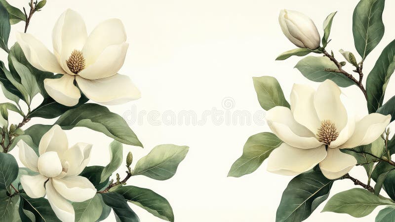 Charming Magnolia Flower Border with Lush Leaves Stock Photo - Image of ...