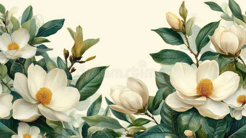 Charming Magnolia Flower Border with Lush Leaves Stock Photo - Image of ...