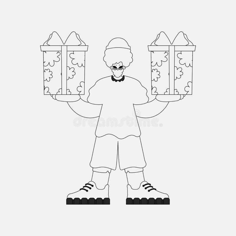 Charming Man Holds a Gift in His Hands. Linear Style Character Stock ...