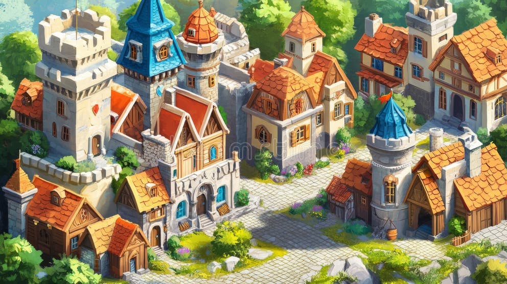 A Charming Medieval Village Illustration Stock Illustration ...