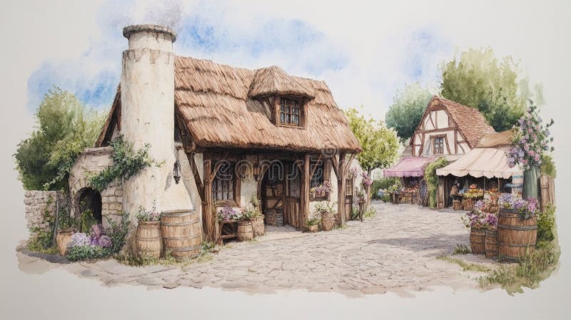 Charming Medieval Village with Rustic Cottages and Lush Gardens Stock ...