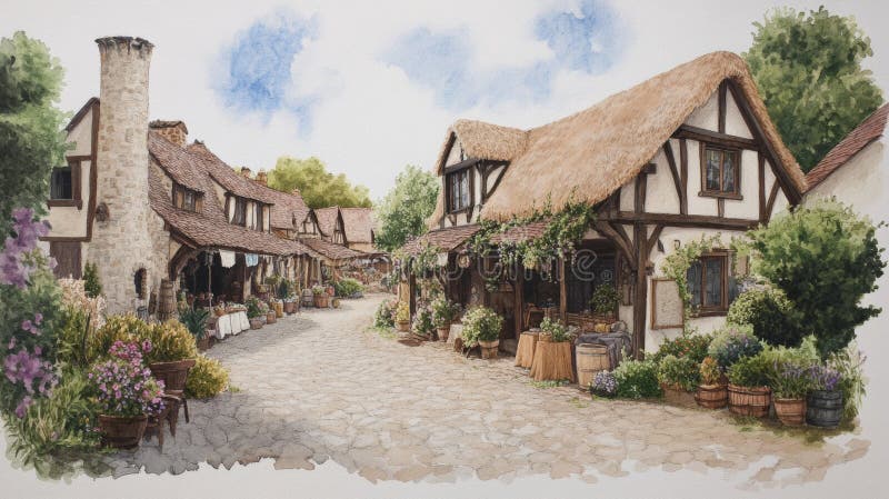 Charming Medieval Village Scene with Rustic Cottages and Cobblestone ...