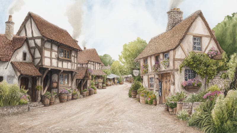 Charming Medieval Village Scene with Rustic Cottages and Lush Gardens ...