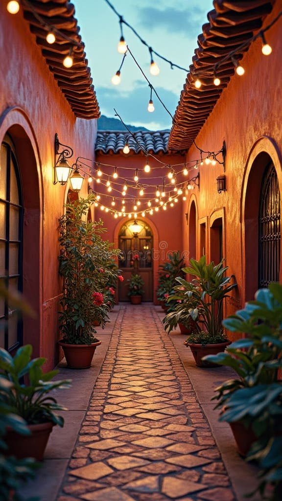 Charming Mediterranean Courtyard with String Lights and Lush Greenery ...