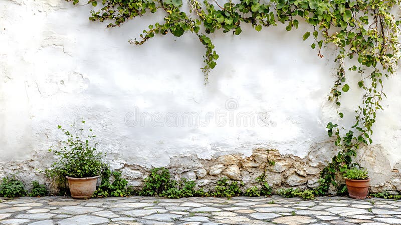 Charming Mediterranean Wall with Lush Greenery and Stone Pavement ...