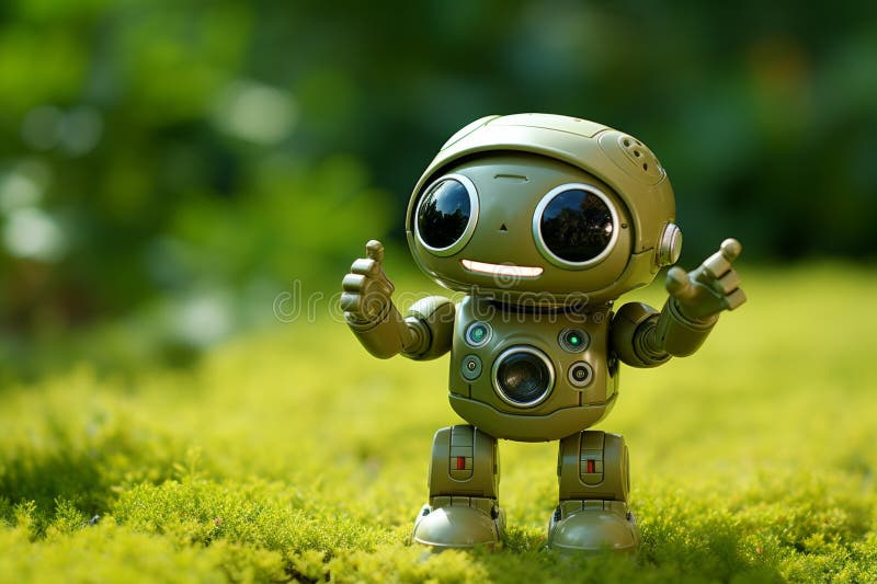 Charming Mini Robot on a Bright Green Background, Pointing Fingers ...