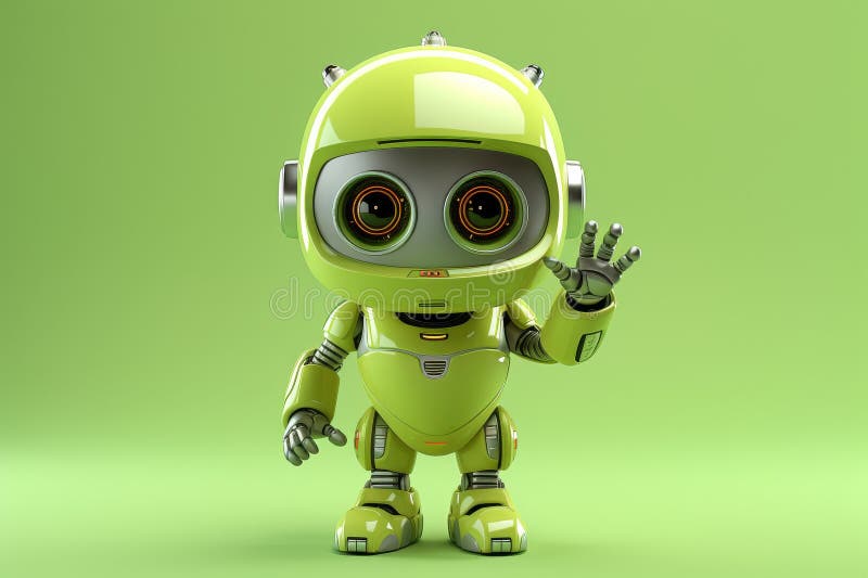 Charming Mini Robot on Green Background Gesturing Towards Blank Space ...