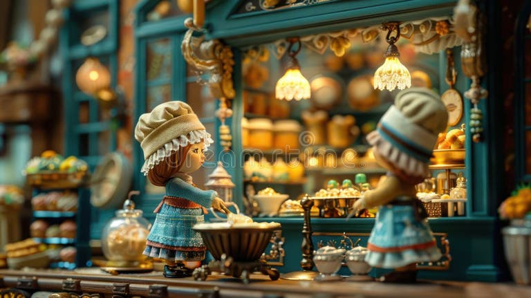 Charming Miniature Bakery Scene with Dolls Stock Illustration ...