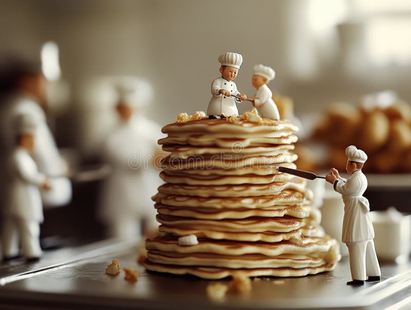 Charming Miniature Chefs Working Together on a Pancake Tower Stock ...