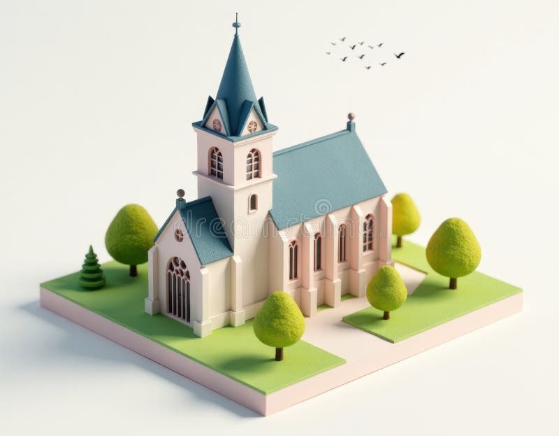 Charming Miniature Church Model with Trees - 3D Render Stock ...