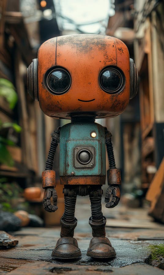 Unique Miniature Robot Character Standing in a Vibrant Alleyway Stock ...