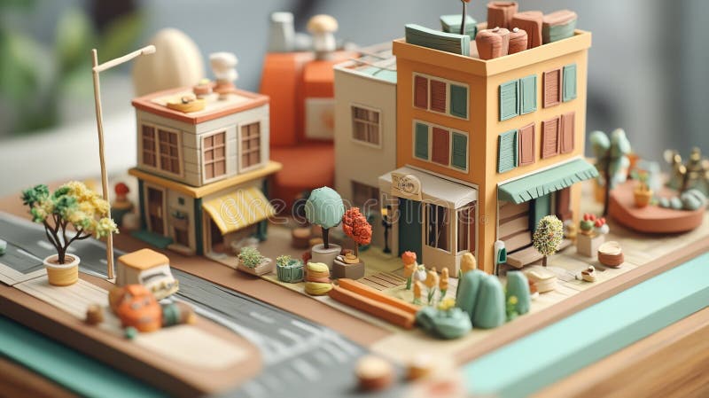 Charming Miniature Town Model with Shops, Street, and Plants Stock ...