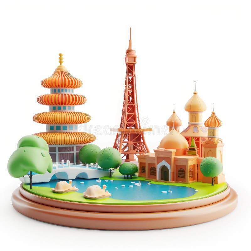 Charming Miniature World: Iconic Landmarks in a 3D Render Stock ...