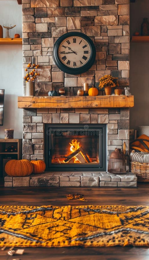 Charming Modern Wood Burning Fireplace with Grandfather Clock and Cozy ...