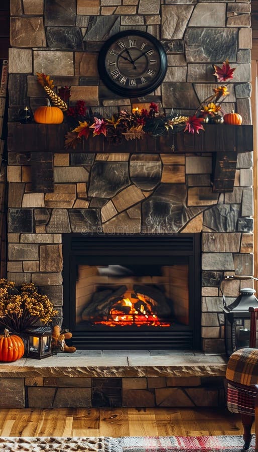 Charming Modern Wood Burning Fireplace with Grandfather Clock and Fall ...