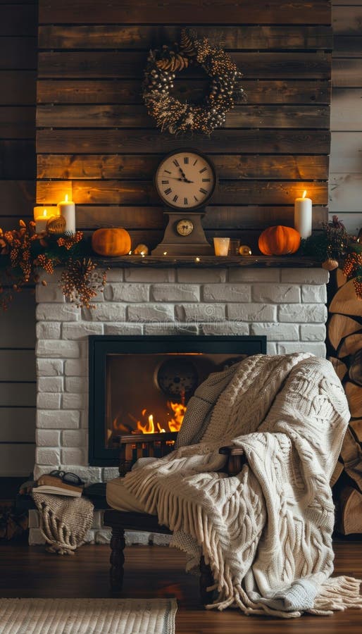 Charming Modern Wood Burning Fireplace with Grandfather Clock and Fall ...