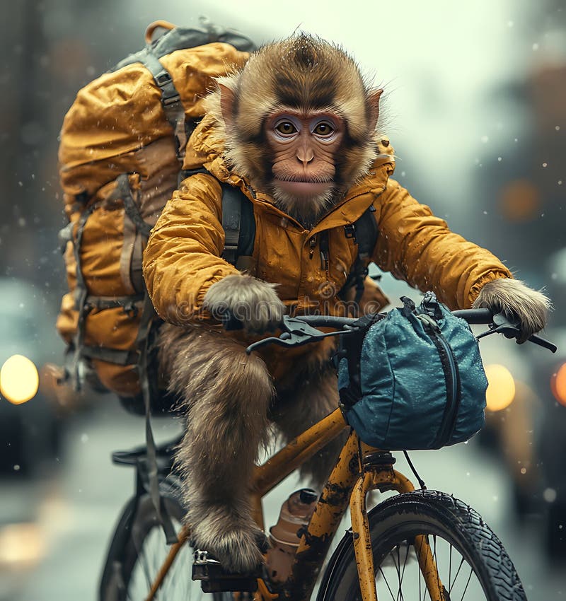 Charming Monkey Dressed in Yellow Jacket Riding a Bicycle with a Packed ...