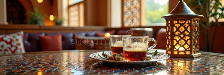 Charming Moroccan Cafe with Traditional Tea and Lantern on Mosaic Table ...