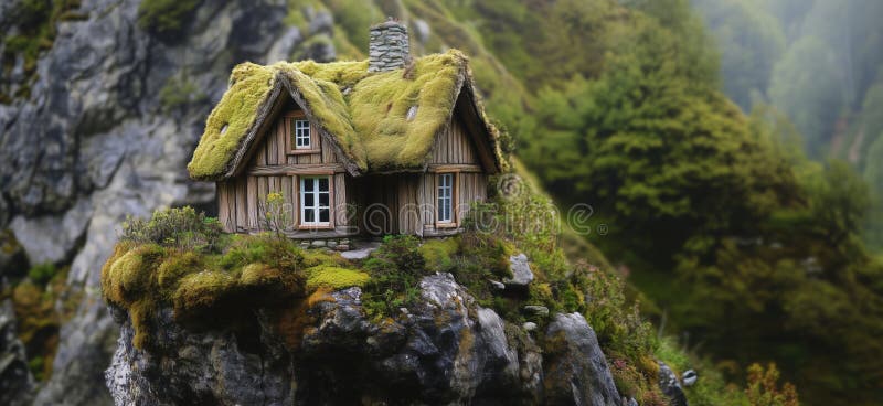 Charming Moss-covered Cottage Perched on Rocky Cliff Surrounded by Lush ...