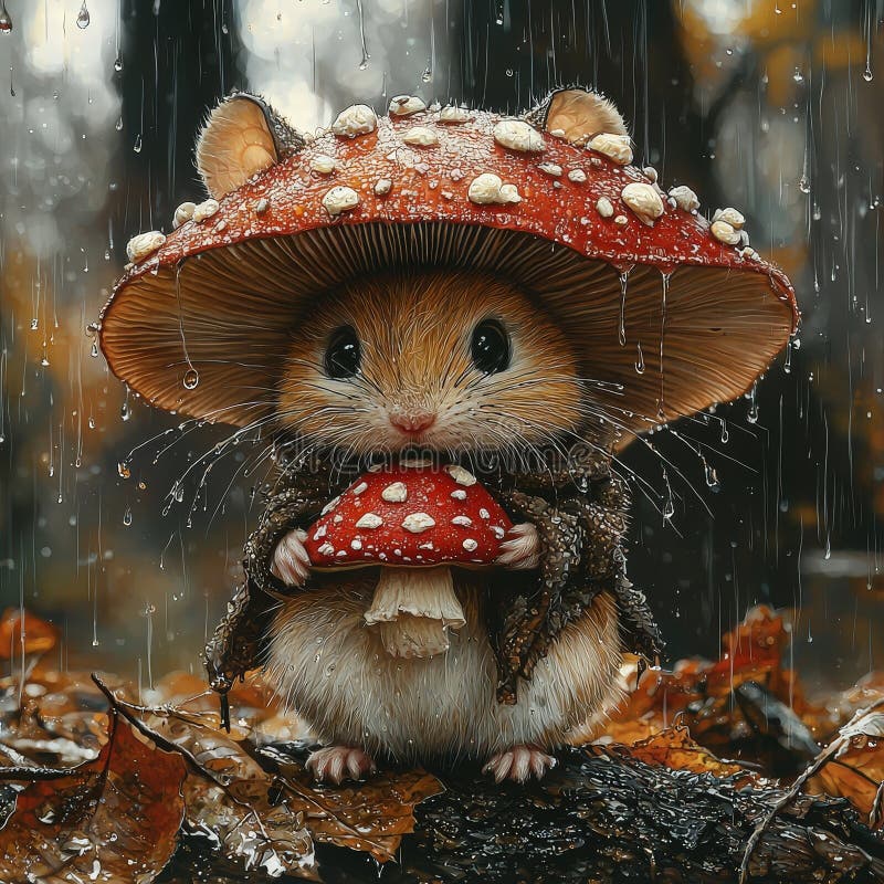 Charming Mouse with Mushroom Umbrella in Rainy Autumn, AI Generated ...