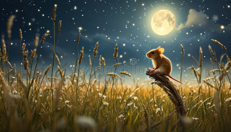 A Charming Mouse Perched on a Stalk in a Serene Golden Meadow Under a ...