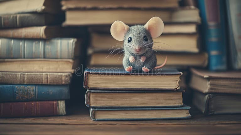 Charming Mouse Posed before a Book Stack, Representing Curiosity and a ...