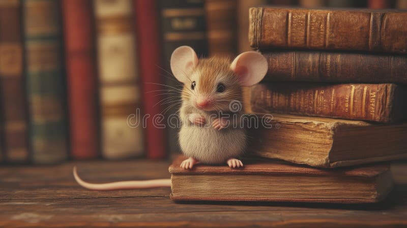 Charming Mouse Posed before a Book Stack, Representing Curiosity and a ...