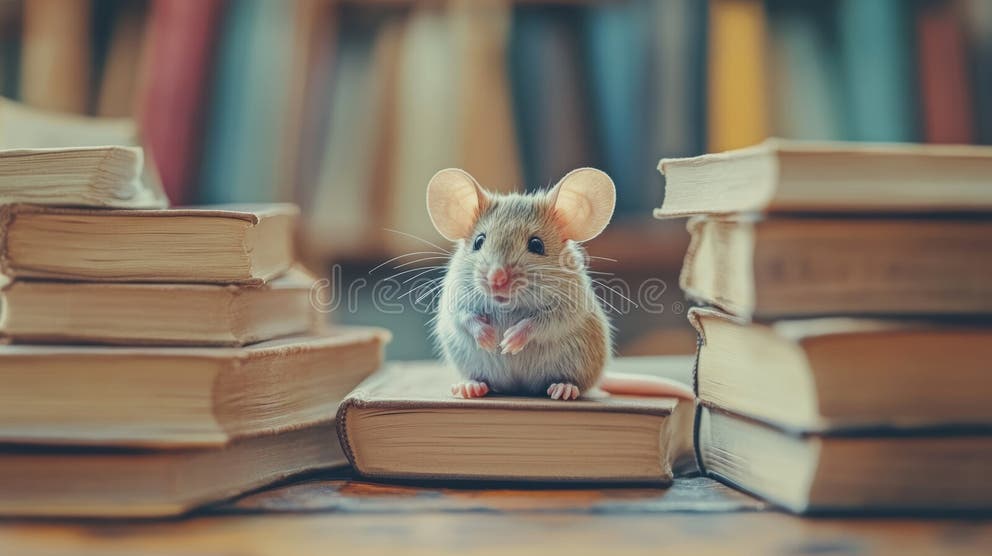 Charming Mouse Sitting by a Stack of Books, Representing Curiosity and ...